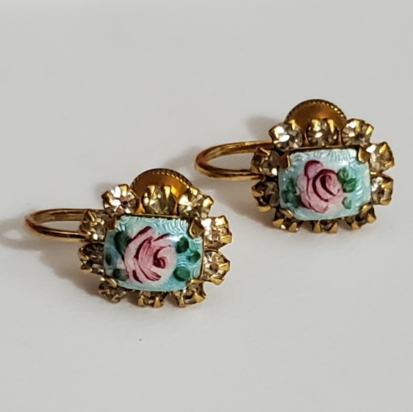 Vintage | Jewelry | Vintage Guilloche Enamel Earrings Screw Back Victorian Style Rose ...